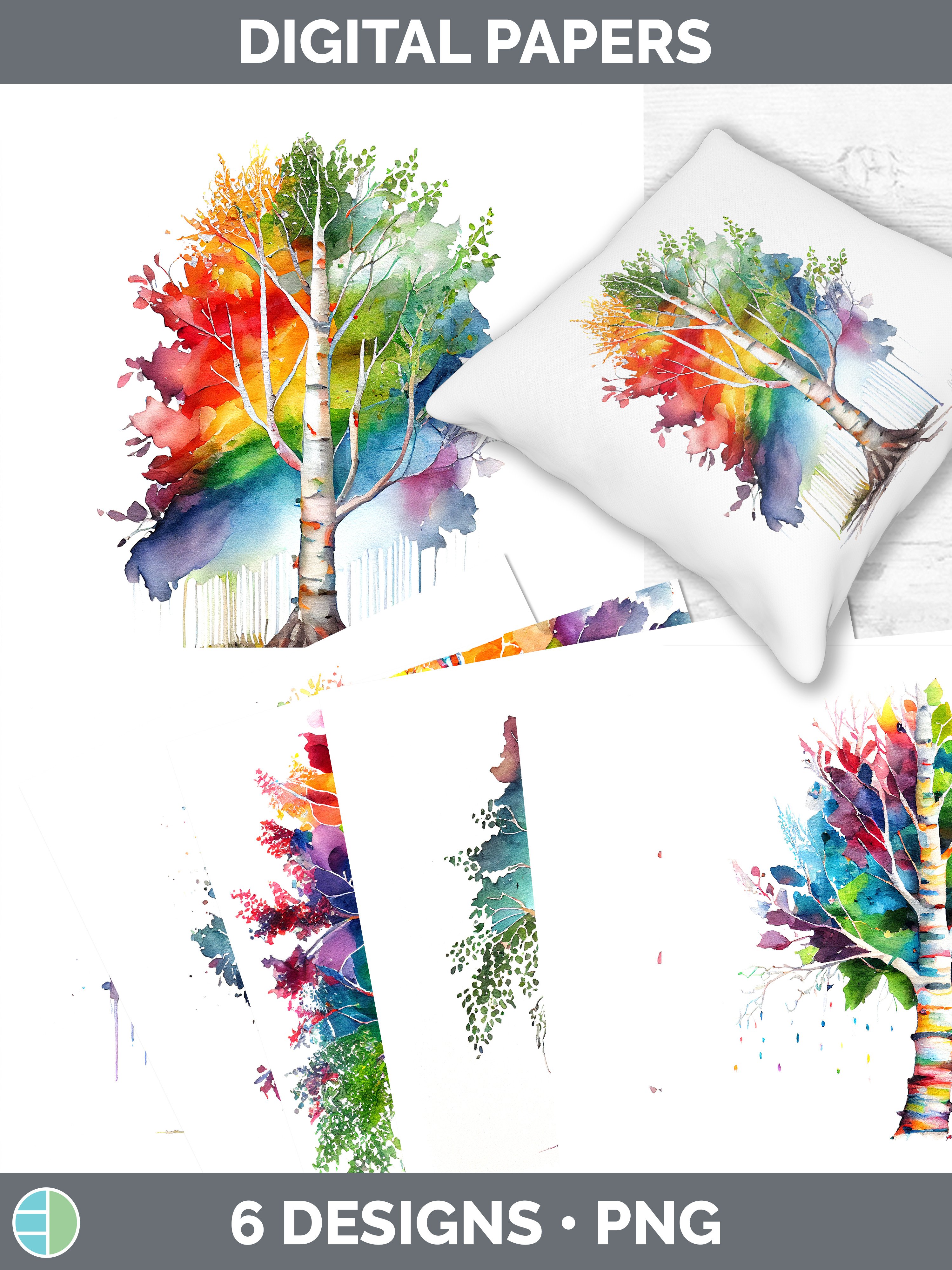 Rainbow Birch Trees Paper Backgrounds | Digital Scrapbook Pa
