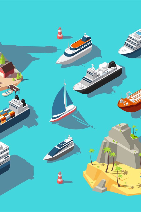 Isometric ships. Boats and sailing vessels, ocean tropical i