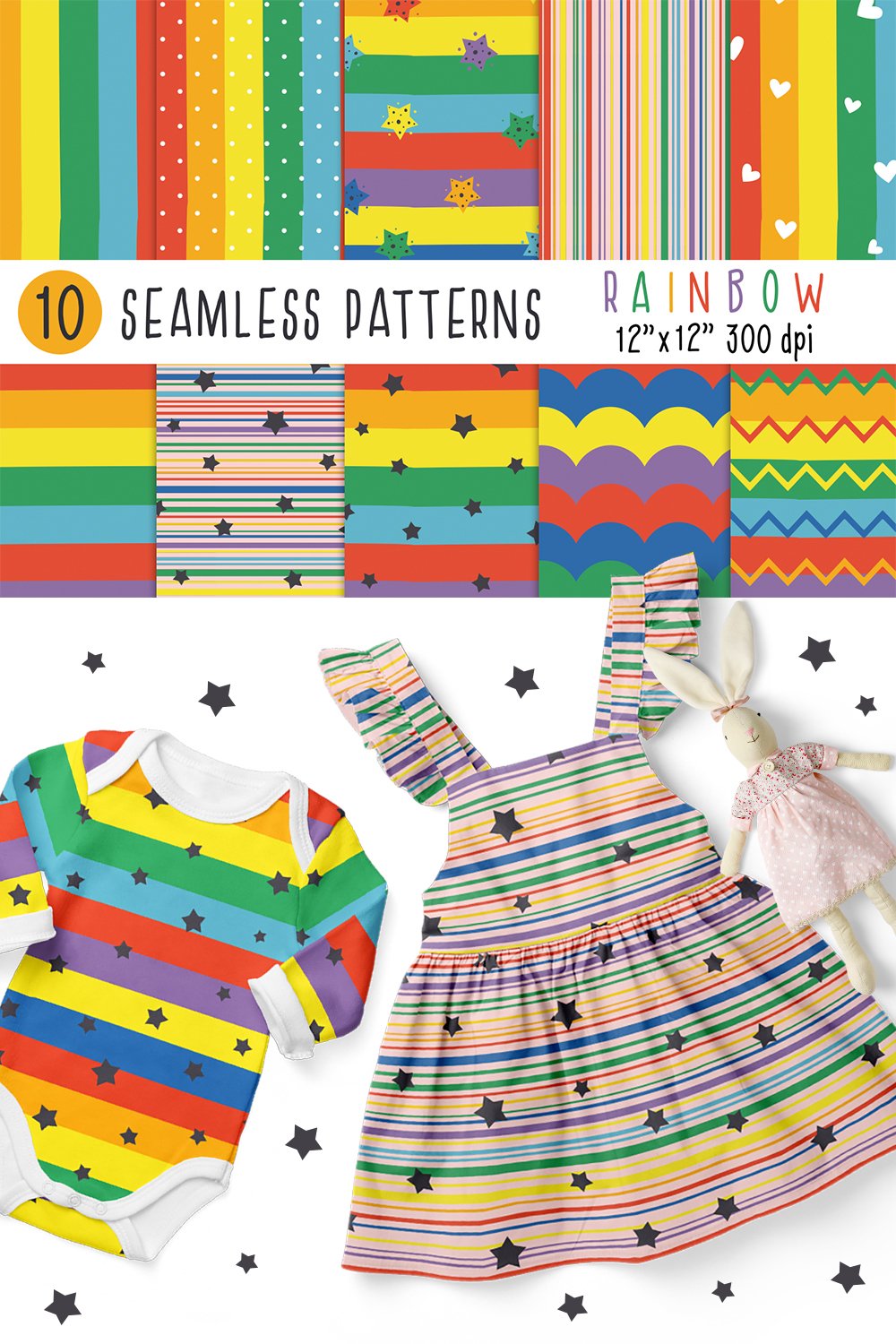 Rainbow seamless patterns, colourful digital paper pack