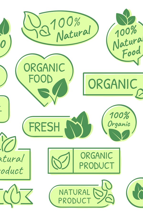 Green leaves labels. Eco, healthy and natural products. Cert