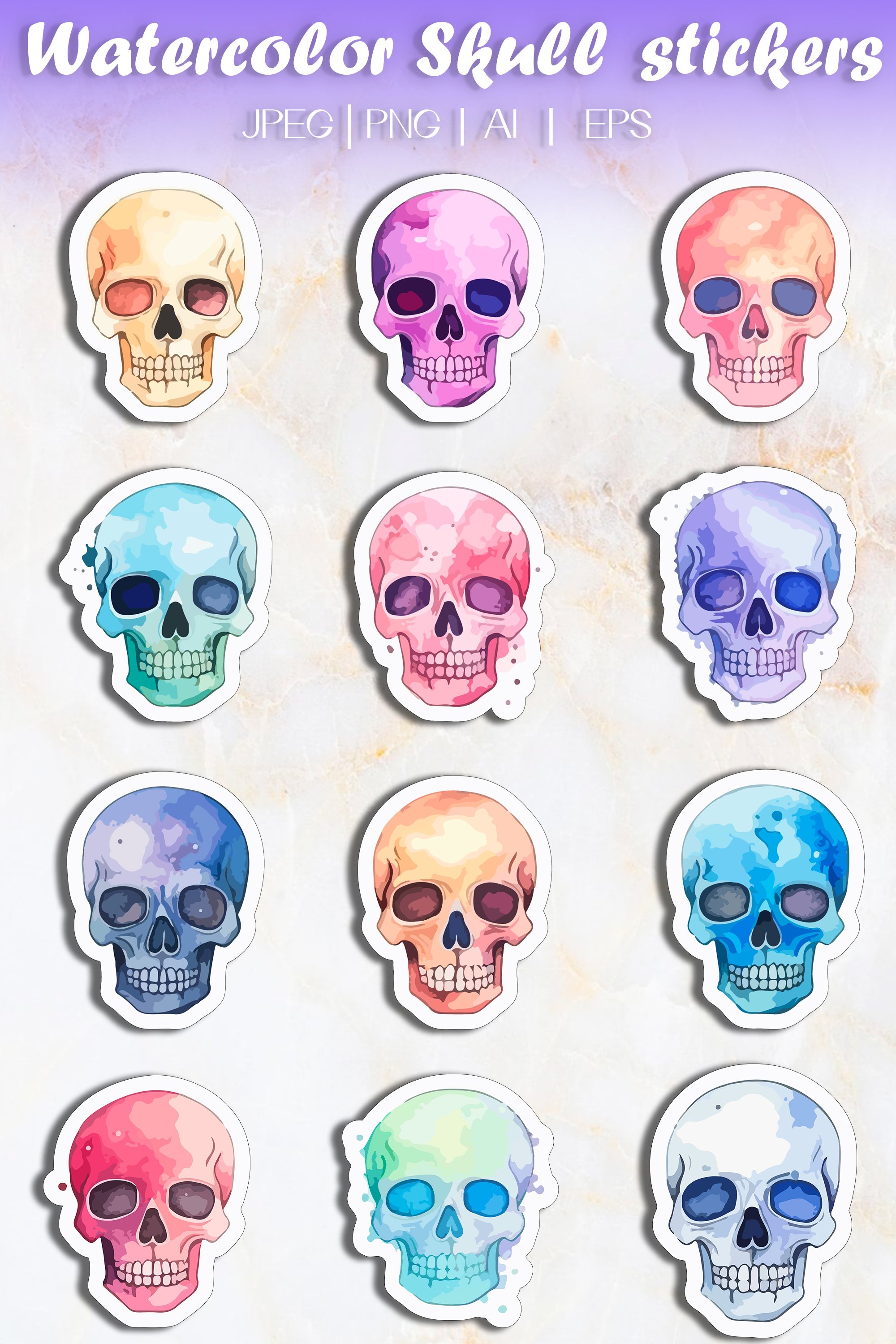Watercolor Skulls Clipart 12 PNG | Halloween skull stickers
