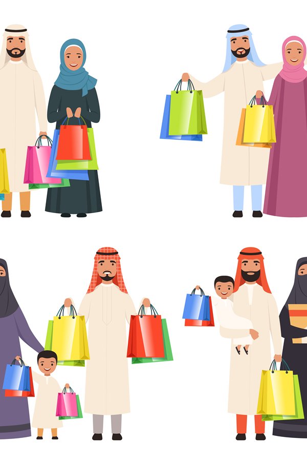 Arab family shopping. Muslim happy people male female and ki