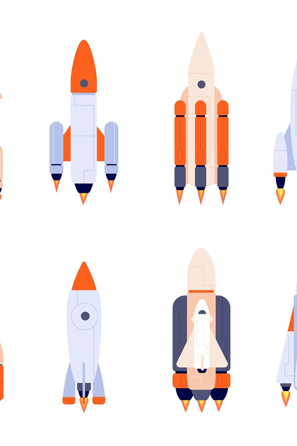 Flat rocket. Space rockets, spaceship start up or idea launc
