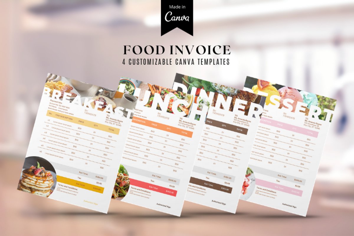 Food Invoice template, 4 Styles Canva Template