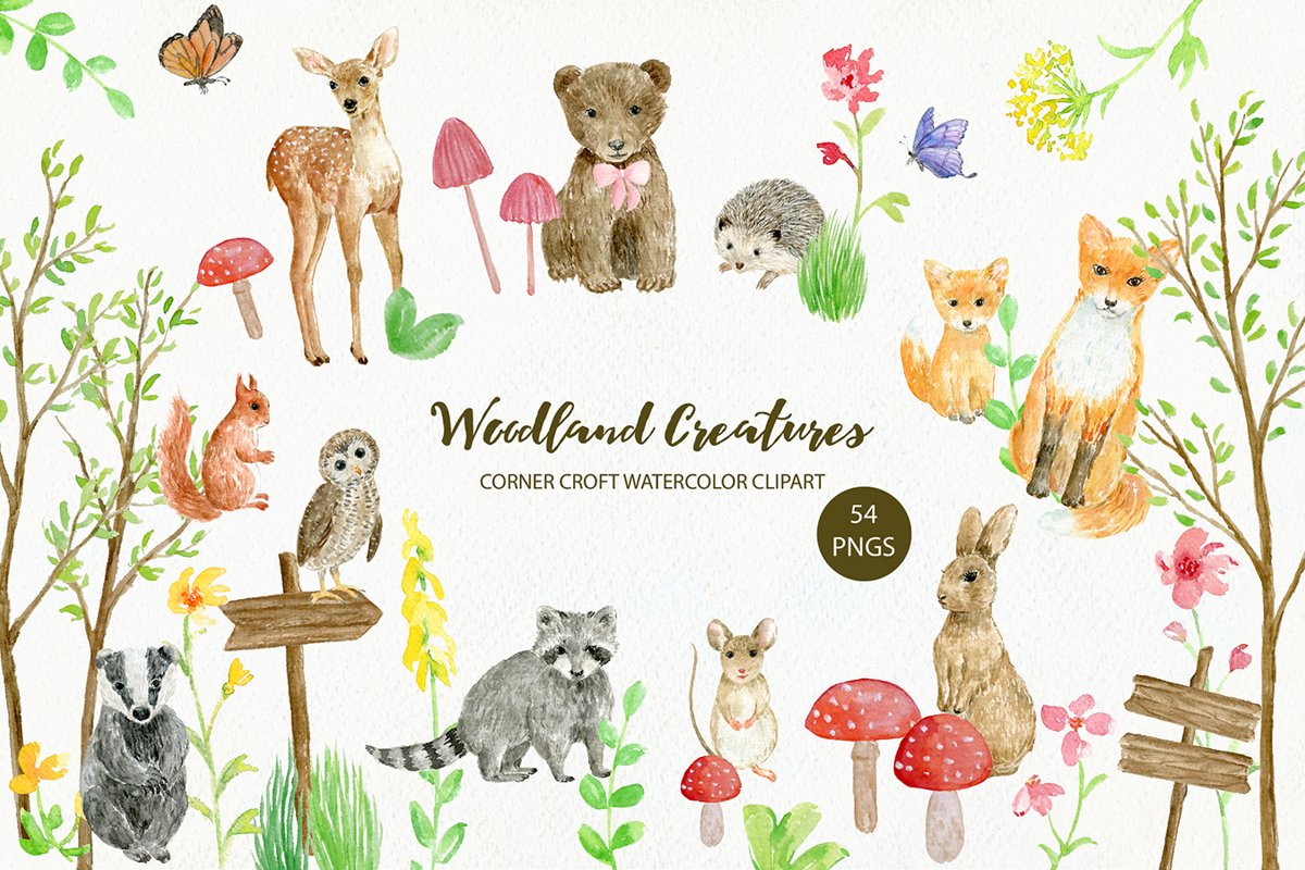 Watercolor Woodland Animals (699548) | Illustrations | Design Bundles