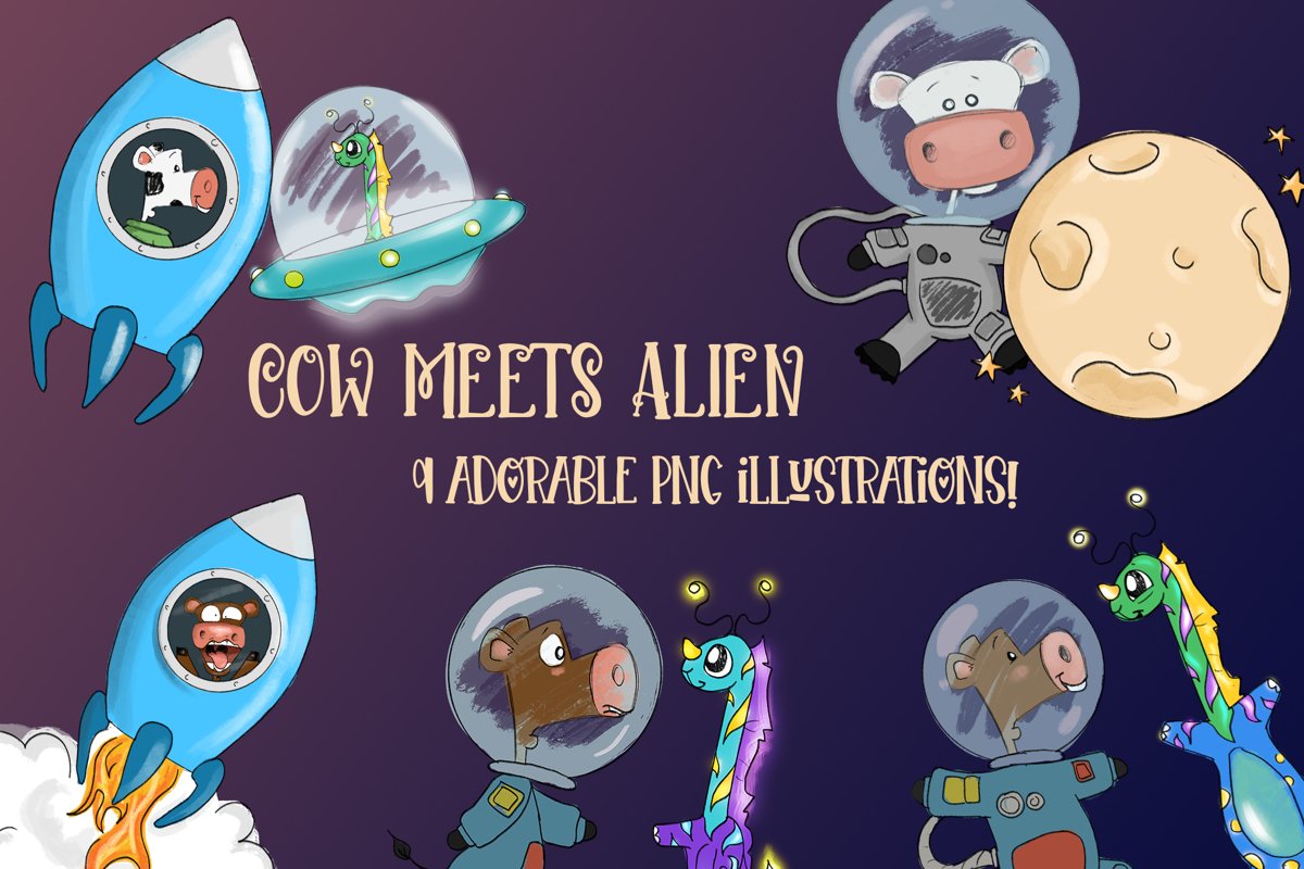 Cow Meets Alien| Cows in Space|Alien and Cow Clipart