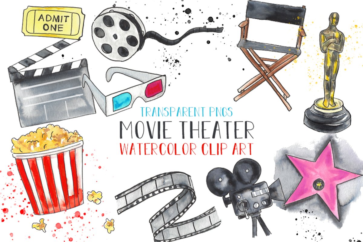 Movie Theater Watercolor Clip Art Set Awards Actors Stars