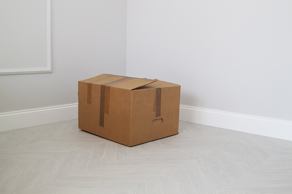 shabby cardboard box in the corner in an empty new room (749481 ...