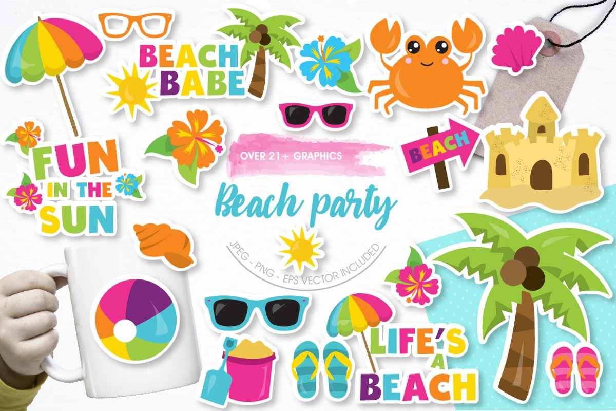 Beach Fun party graphics and illustrations