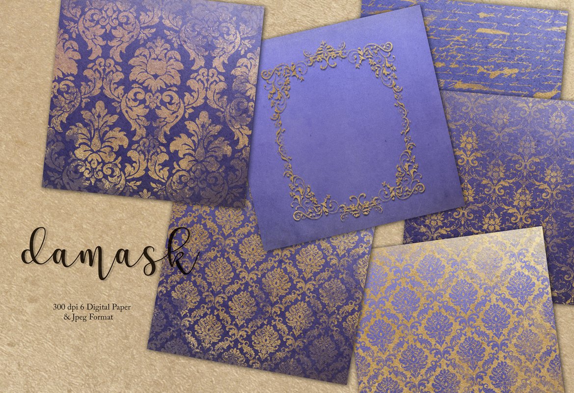 Purple and Gold Damask Digital Paper