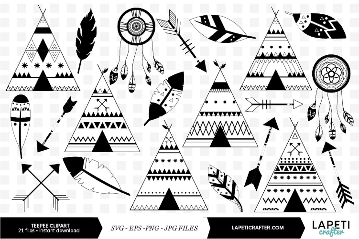 Black and white teepee clip art. Boho wedding tribal clipart (373816 ...