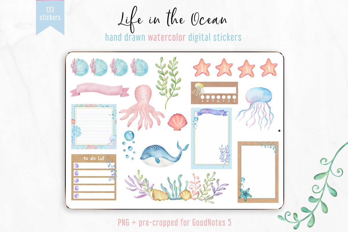 Digital Stickers Watercolor Ocean PNG GoodNotes 5 (541686) | Objects ...