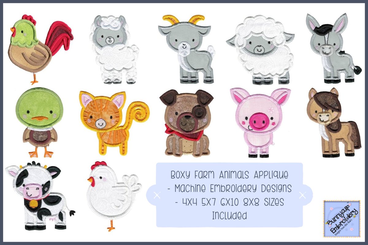 Boxy Farm Animals Applique - 12 Machine Embroidery Designs