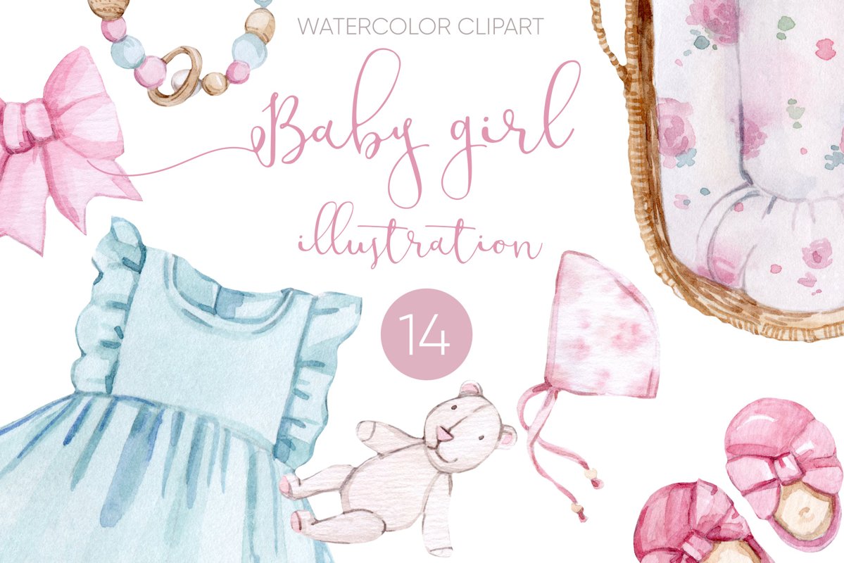 Baby girl elements Watercolor clipart (558263) | Illustrations | Design ...