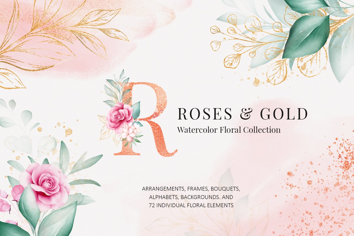 Watercolor Flowers Roses & Gold Clipart Bundle (551801) | Illustrations ...