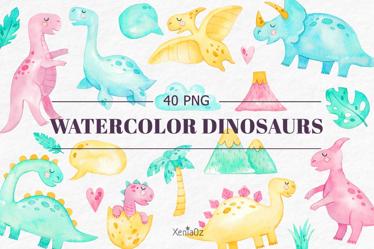 Watercolor cute dinosaurs clipart, PNG (530995) | Decorations | Design ...