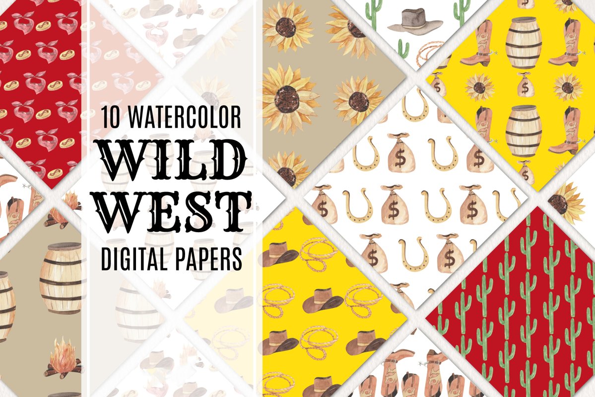 Wild West Seamless Patterns Digital Paper Watercolor Cowboy