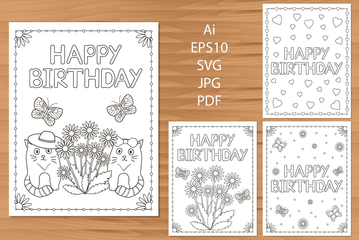 Happy Birthday. Coloring pages. (373945) | Coloring Pages | Design Bundles