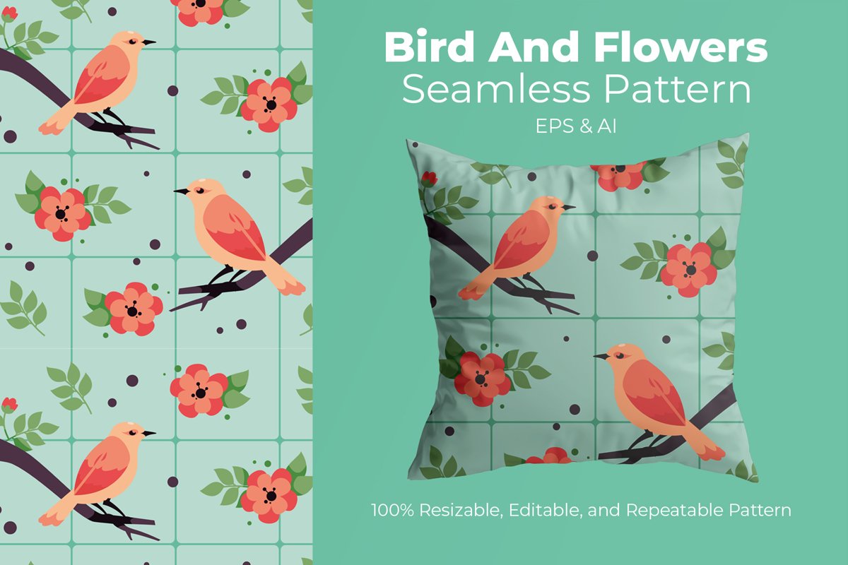 Bird And Flowers - Seamless Pattern