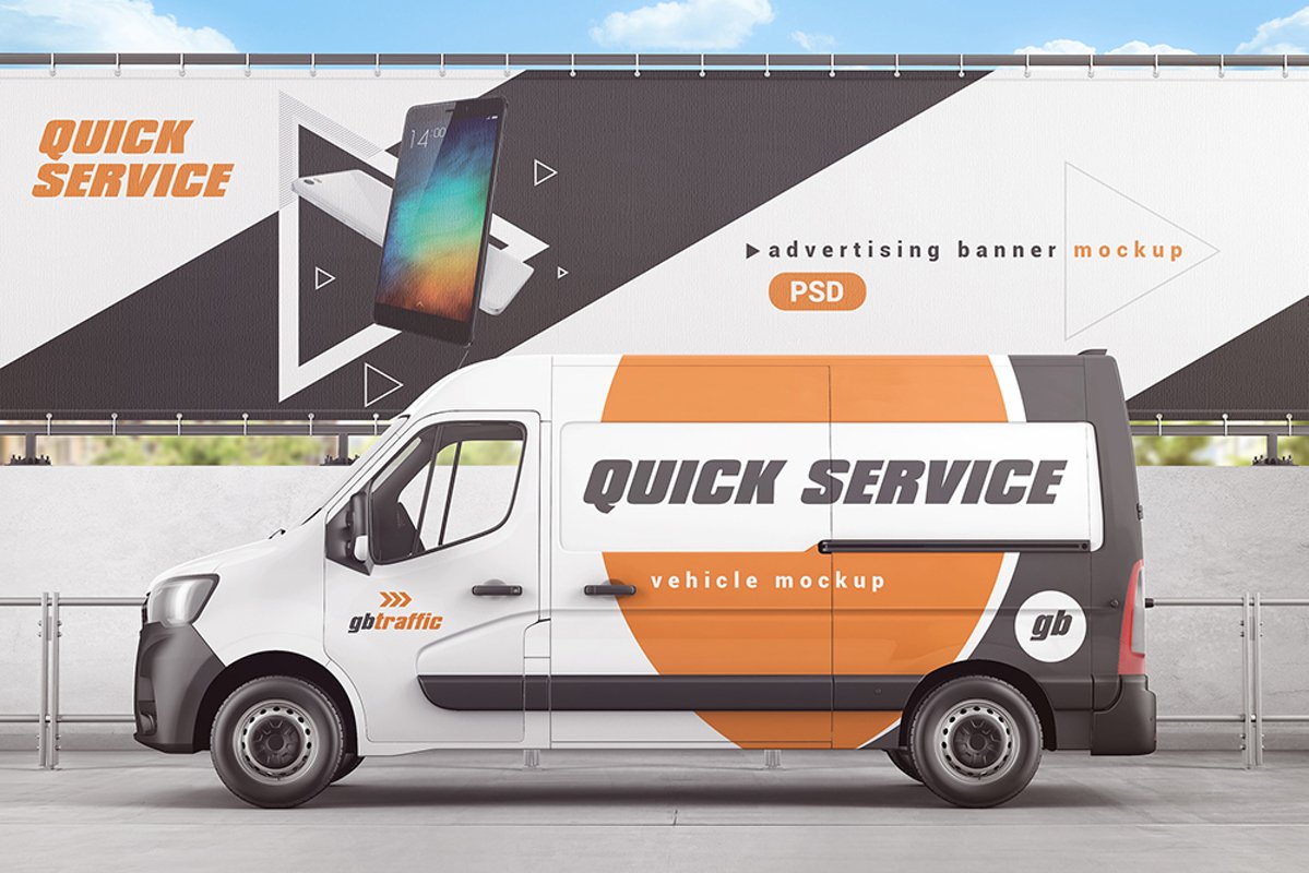 Vehicle With Outdoor Advertising Banner Mockup (582098) | Branding ...
