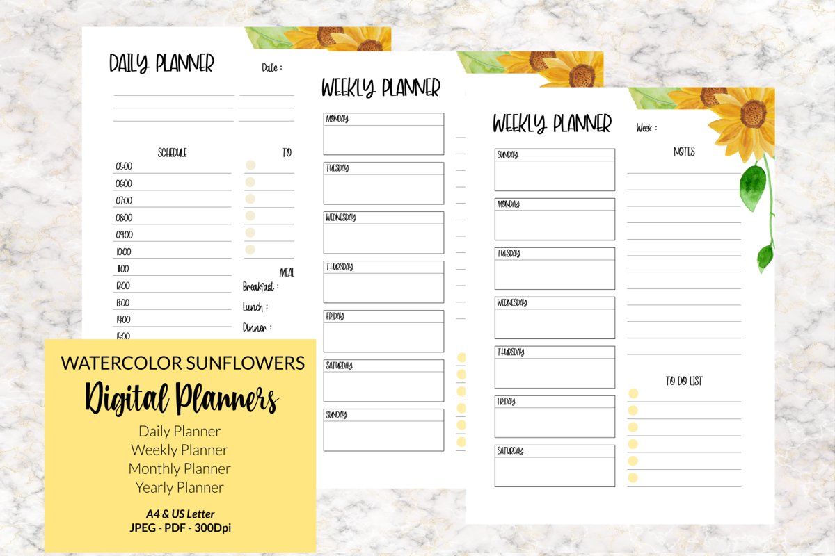 Watercolor Sunflowers Digital Planners