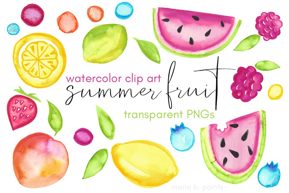 Watercolor Summer Fruit Clip Art Illustrations Berries Lemon