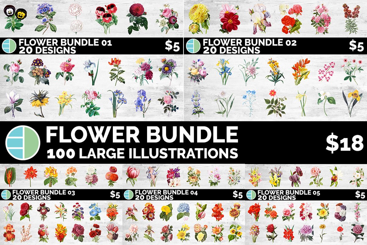 Flower Bundle Vintage Clipart (117996) | Illustrations | Design Bundles