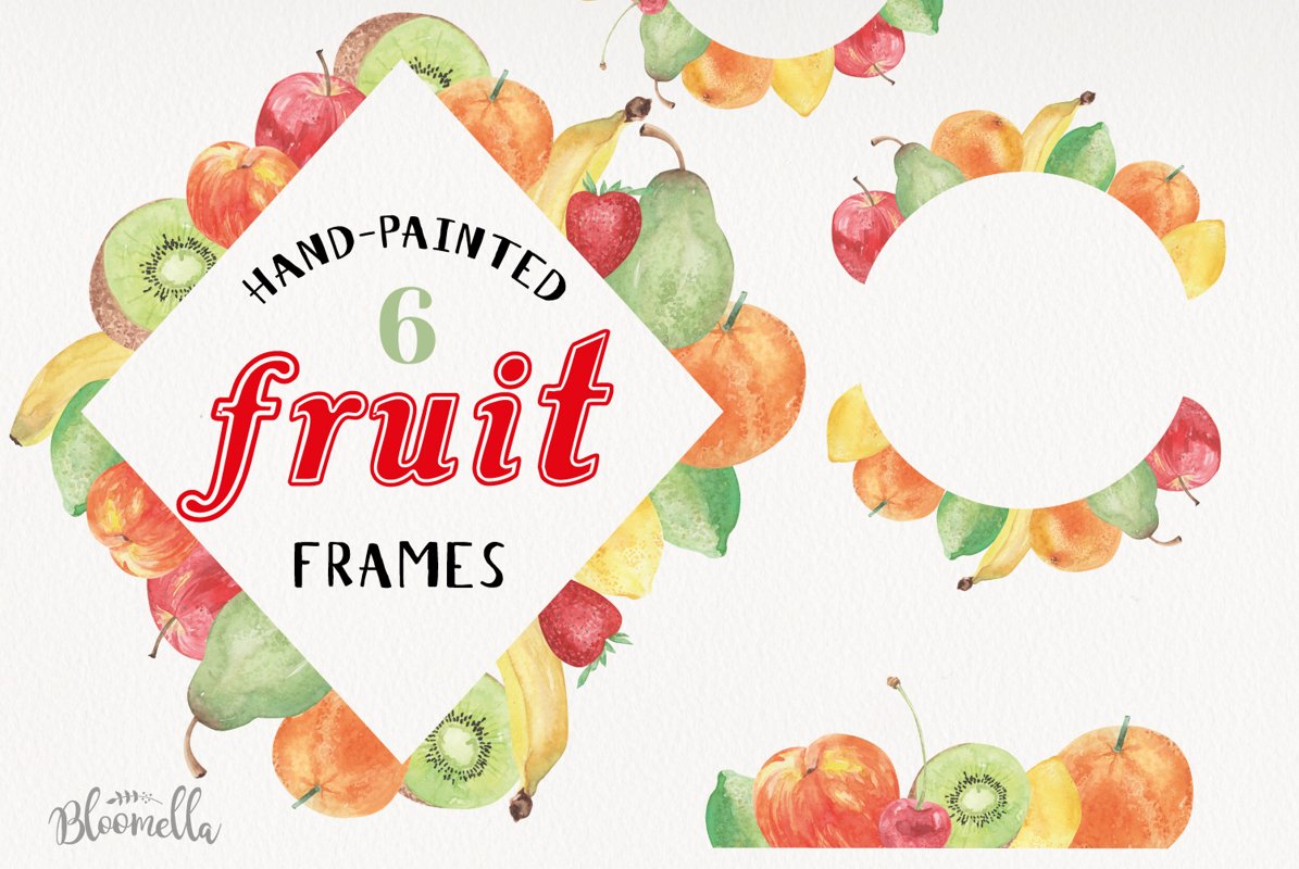 Fruit Watercolor 6 Frames Set Borders Smoothie Juice Fruity