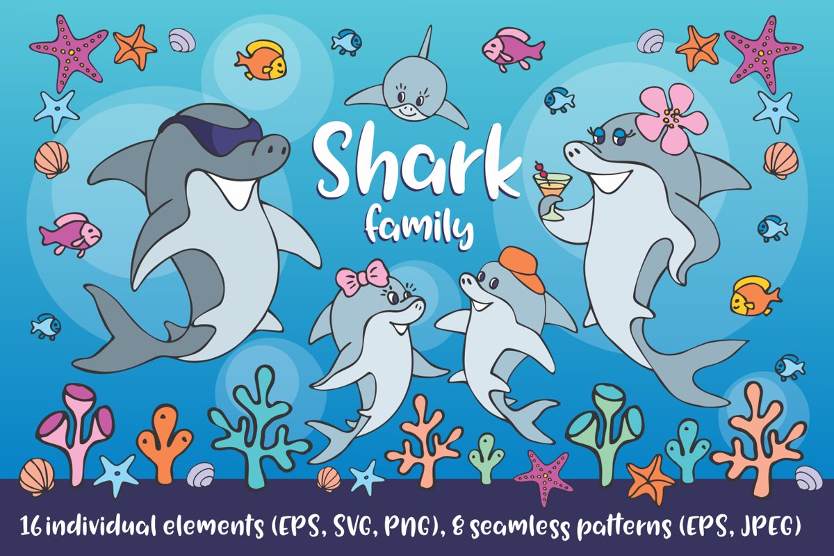 Shark family. Vector clip art and seamless patterns. (667966 ...