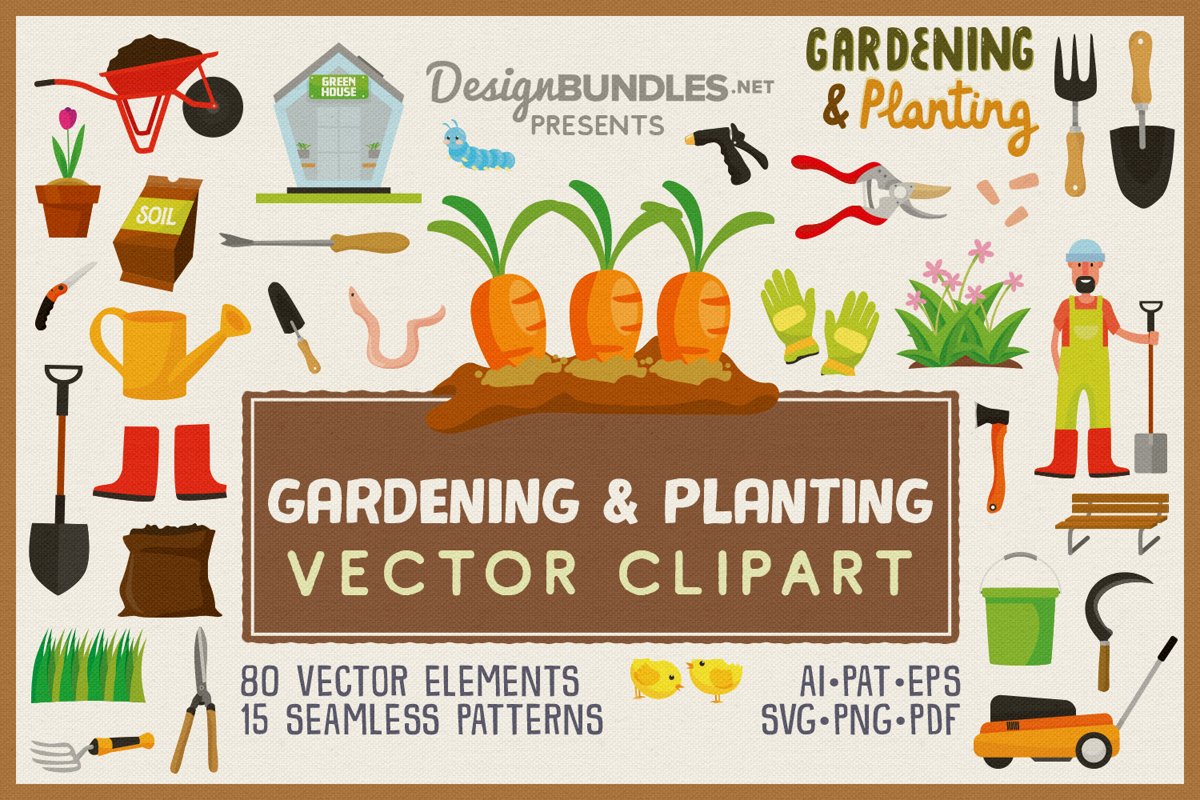 Gardening & Planting Vector Clipart and Seamless Pattern