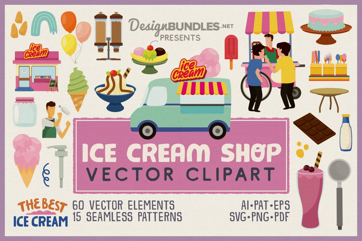 Ice Cream Shop Vector Clipart and Seamless Pattern
