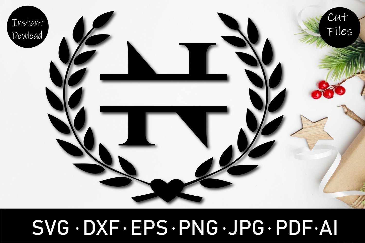 Floral Wreath Split letter N monogram SVG, EPS, Dxf, PNG (1277419 ...