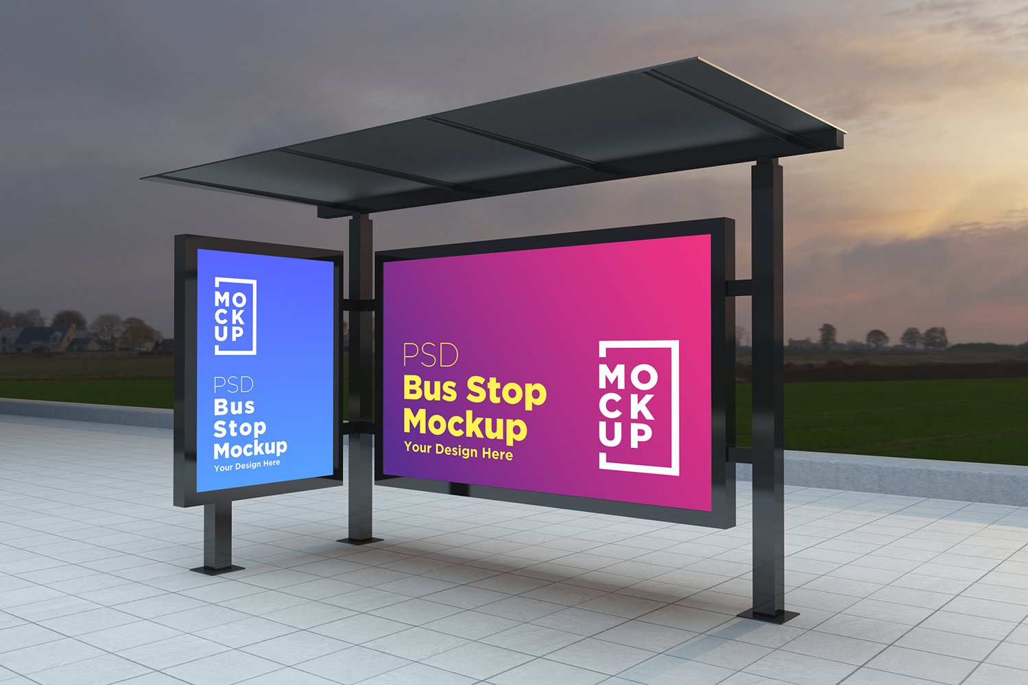 Evening View Bus Stop Signage Mockup (1118410) | Signage | Design Bundles