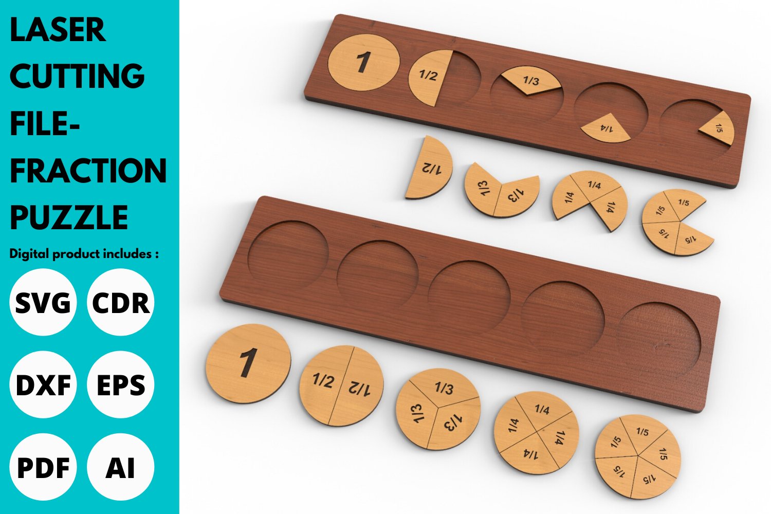 Fraction Puzzle - educational toy - laser cutting file