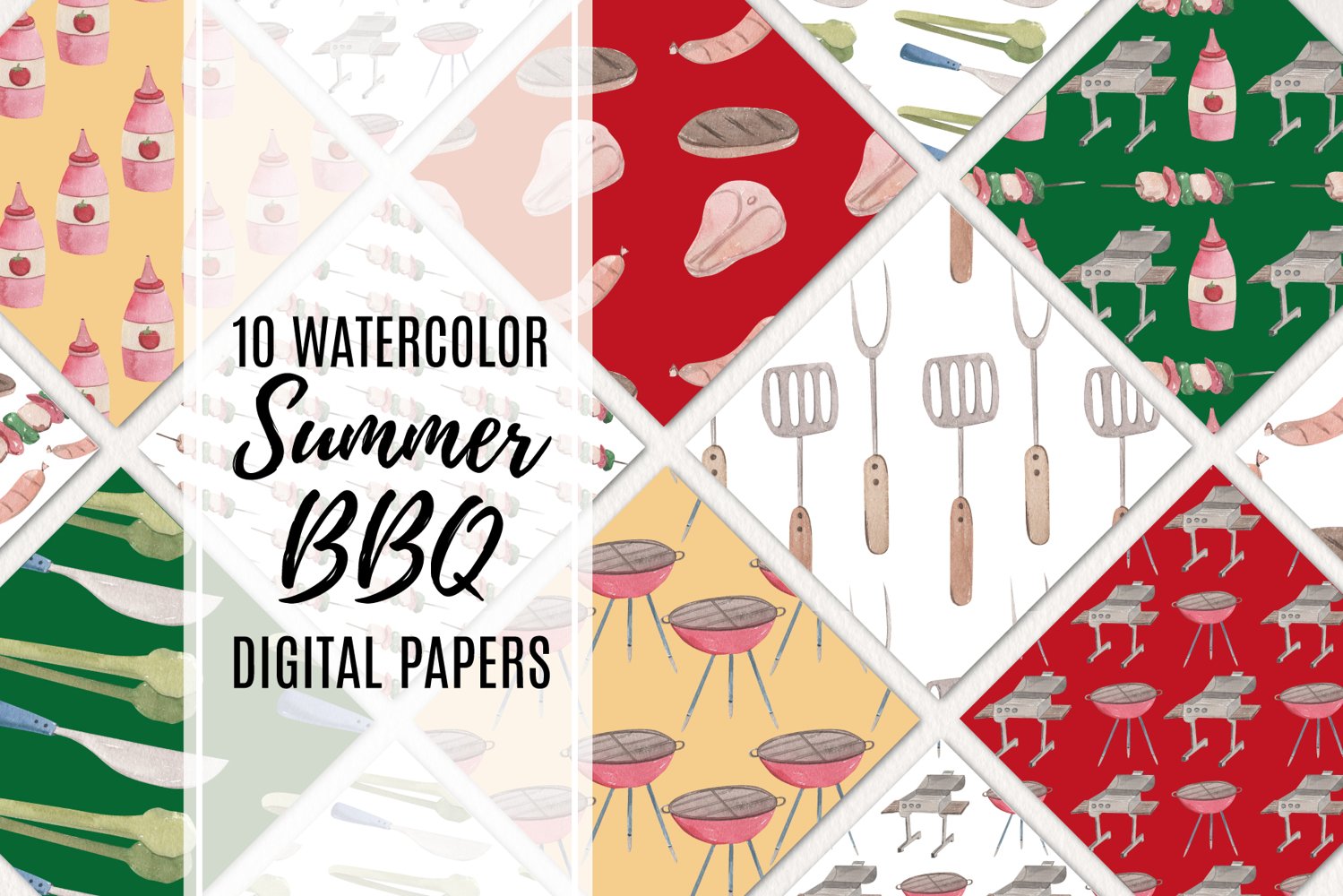 BBQ Seamless Patterns Digital Paper Watercolor Barbecue