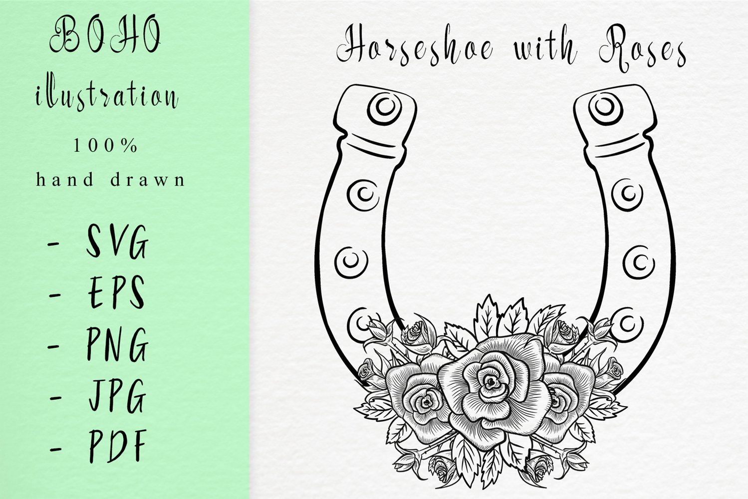 Boho illustration /horseshoe with roses