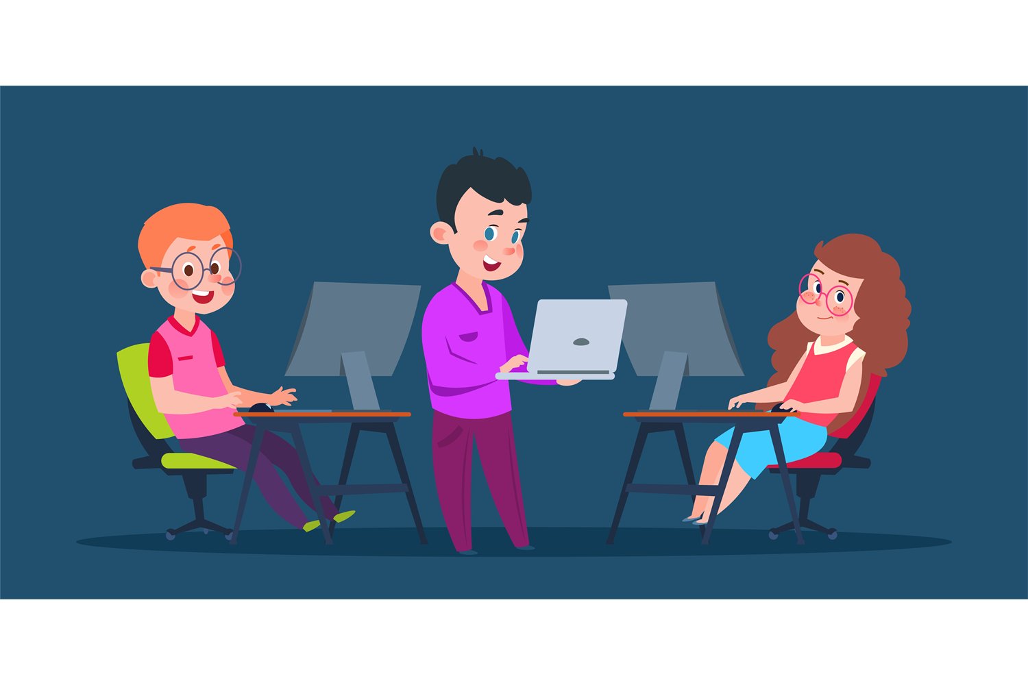 Kids coding at computers. Cartoon character children in comp (1188243 ...