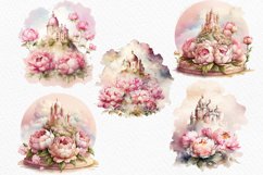 Watercolor fabulous pink castles with flowers, (2462948)