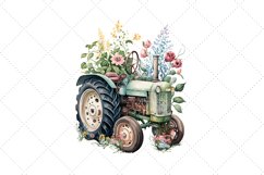Cute Vintage Farm Tractor Floral Watercolor Clipart Bundle
