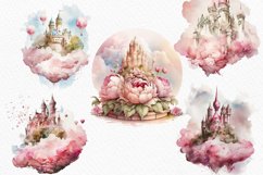 Watercolor fabulous pink castles with flowers, (2462948)