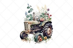 Cute Vintage Farm Tractor Floral Watercolor Clipart Bundle