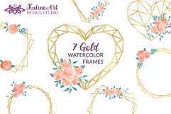 Watercolor gold geometric floral frames set, peach and navy