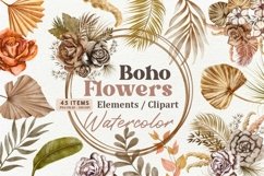 Boho Flowers Watercolor Clipart Elements Bundle