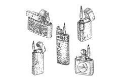 Vintage lighters set showing different designs igniting flam