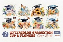 Watercolor Graduation Cap and Flowers Clipart PNG Bundle