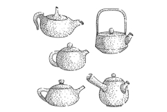 Hand drawing collection of traditional asian teapots illustr
