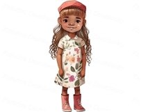 Cartoon little girls in casual lothes standing in a row