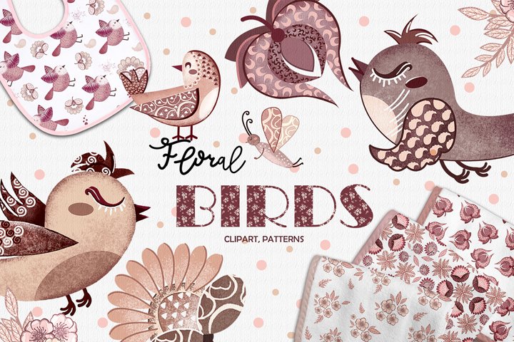 Clipart and pattern with flowers and birds (755286) | Illustrations ...