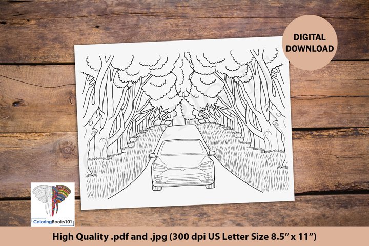 A Car on the Road Coloring Page (1190723) | Coloring Pages | Design Bundles