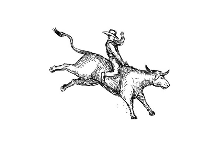 Bull Riding Rodeo Cowboy Drawing (58552) | Illustrations | Design Bundles